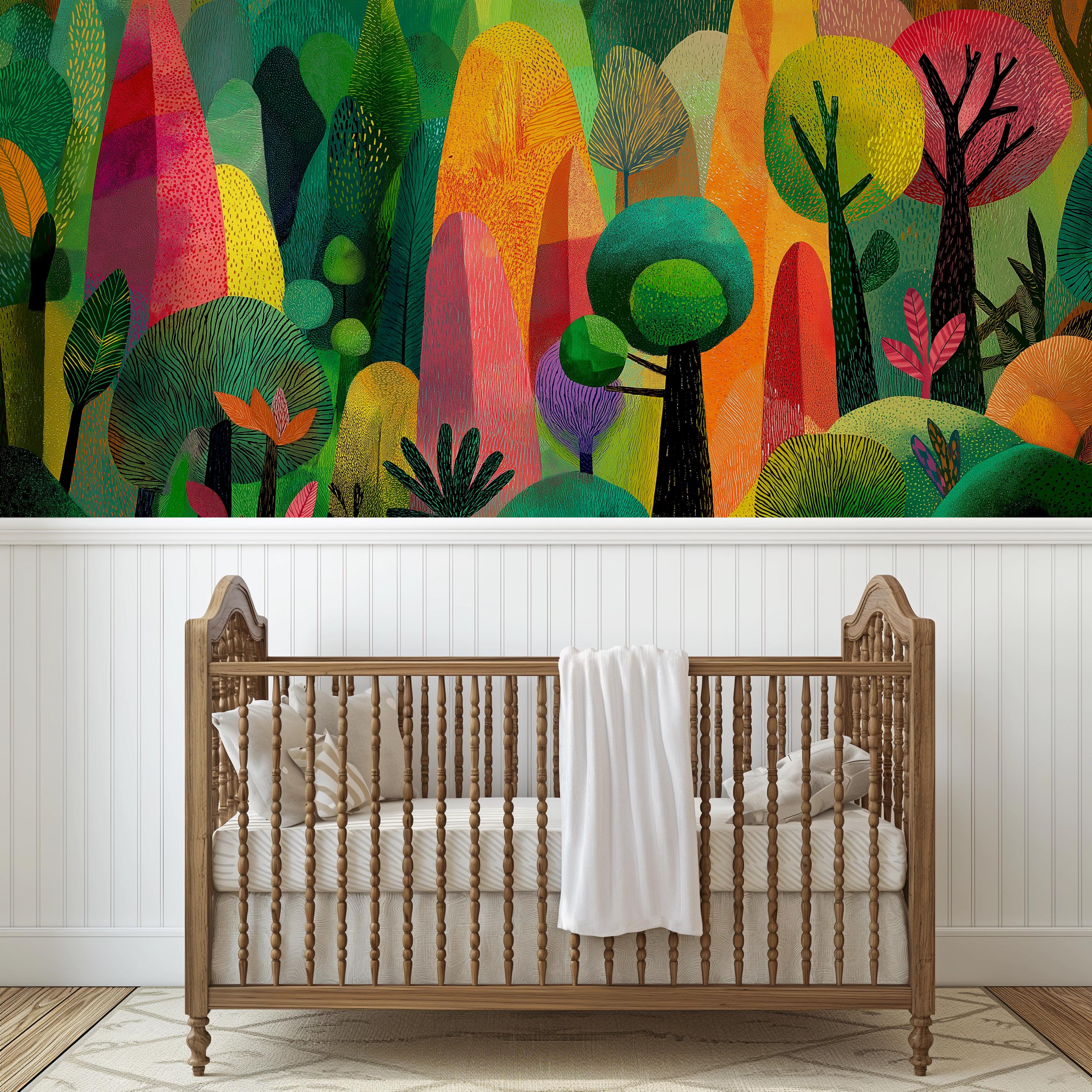 Colorful Textured Fantasy Forest Wall Mural, Lush Green Hills, Vibrant ...