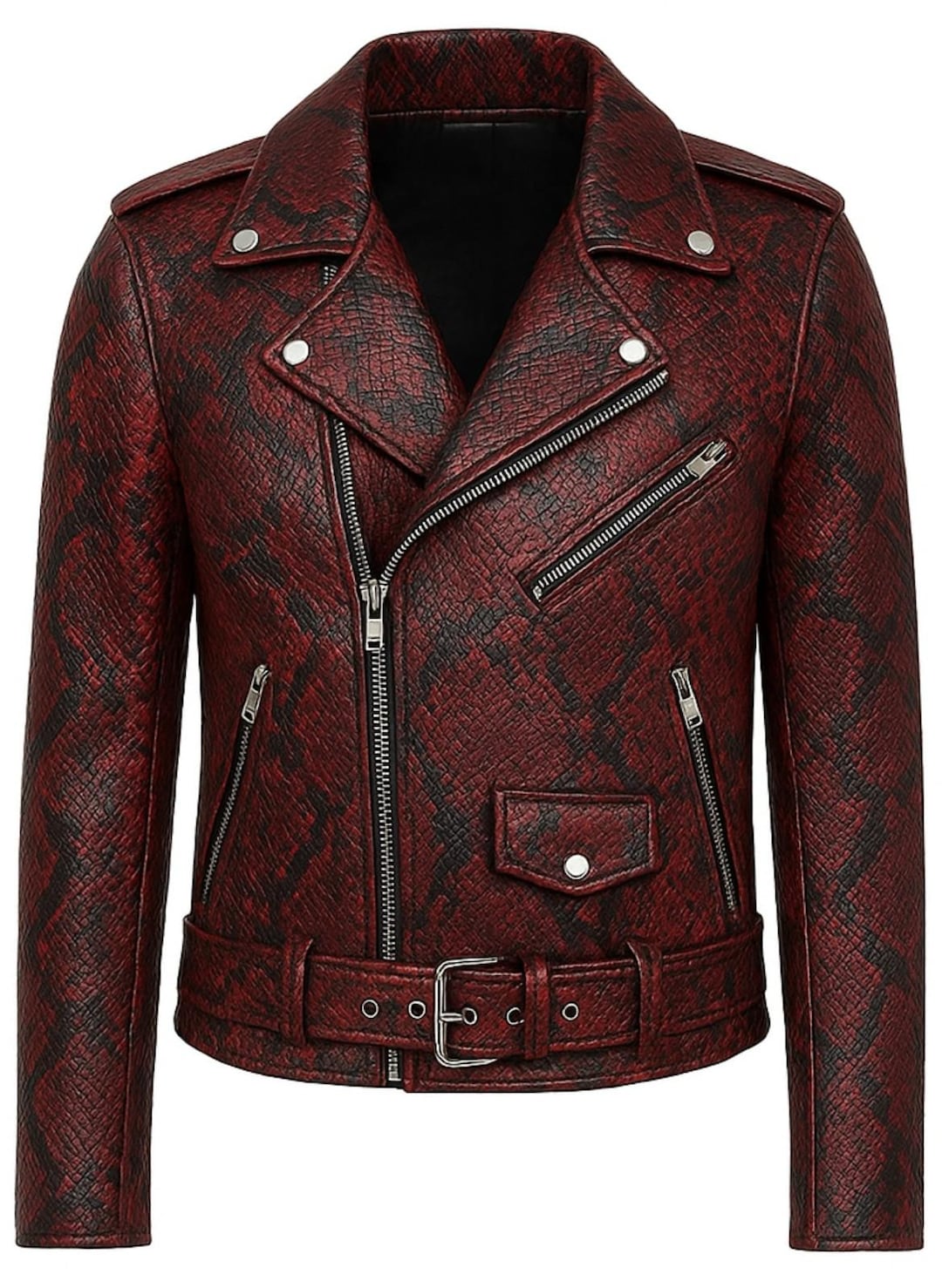 Red Snake Pattern Cowhide Leather Biker Jacket - Men's Motorcycle ...