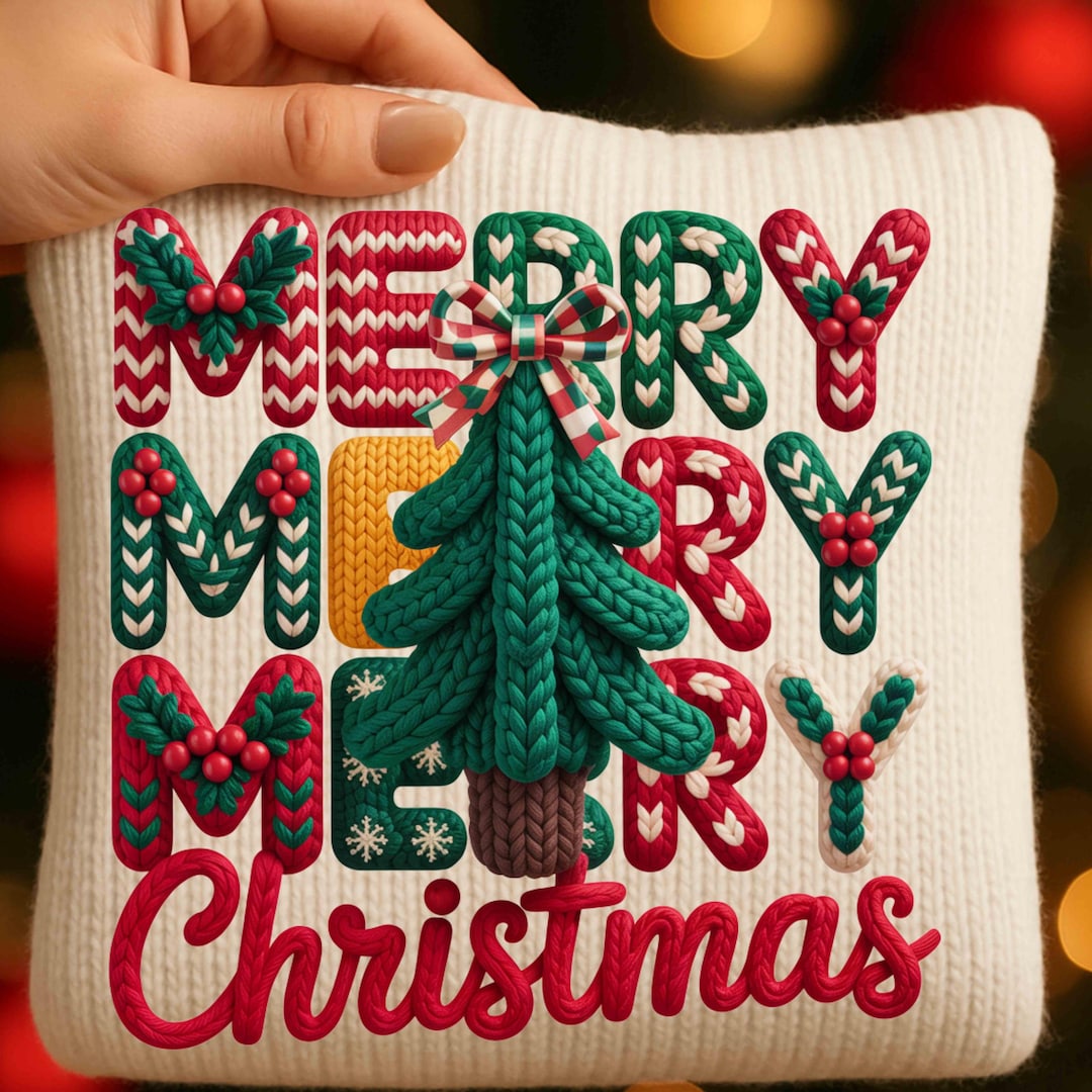 Merry Merry Merry Christmas Knitted PNG • Cozy Wool Texture Holiday ...