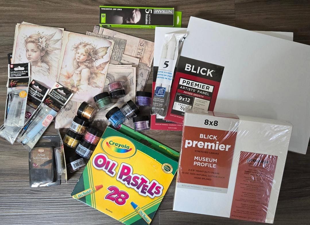 Lot of Mixed Media Art Supplies, Pearl Ex Pigments, Oil Pastels, Primed ...
