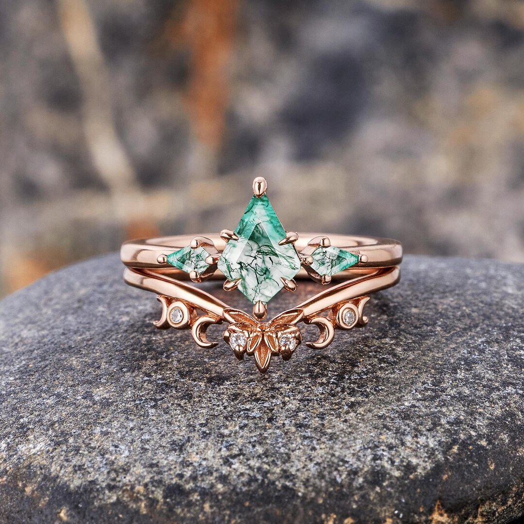 Kite Cut Moss Agate Engagement Ring Set Solid 14K Rose Gold Art Deco ...
