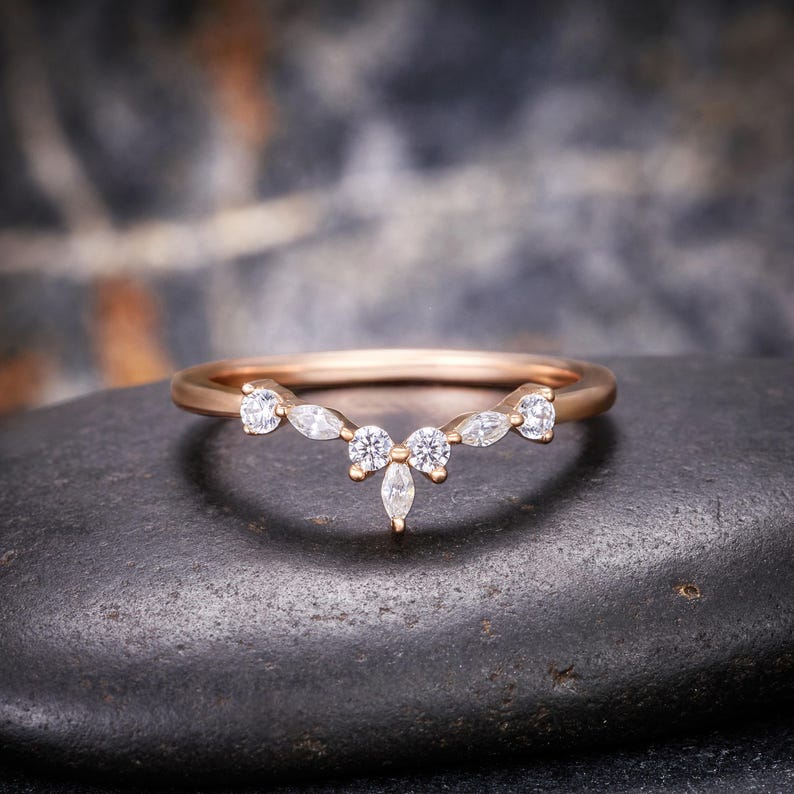 Vintage Moissanite Curved Wedding Band, Halfy Eternity Marquise Cut ...