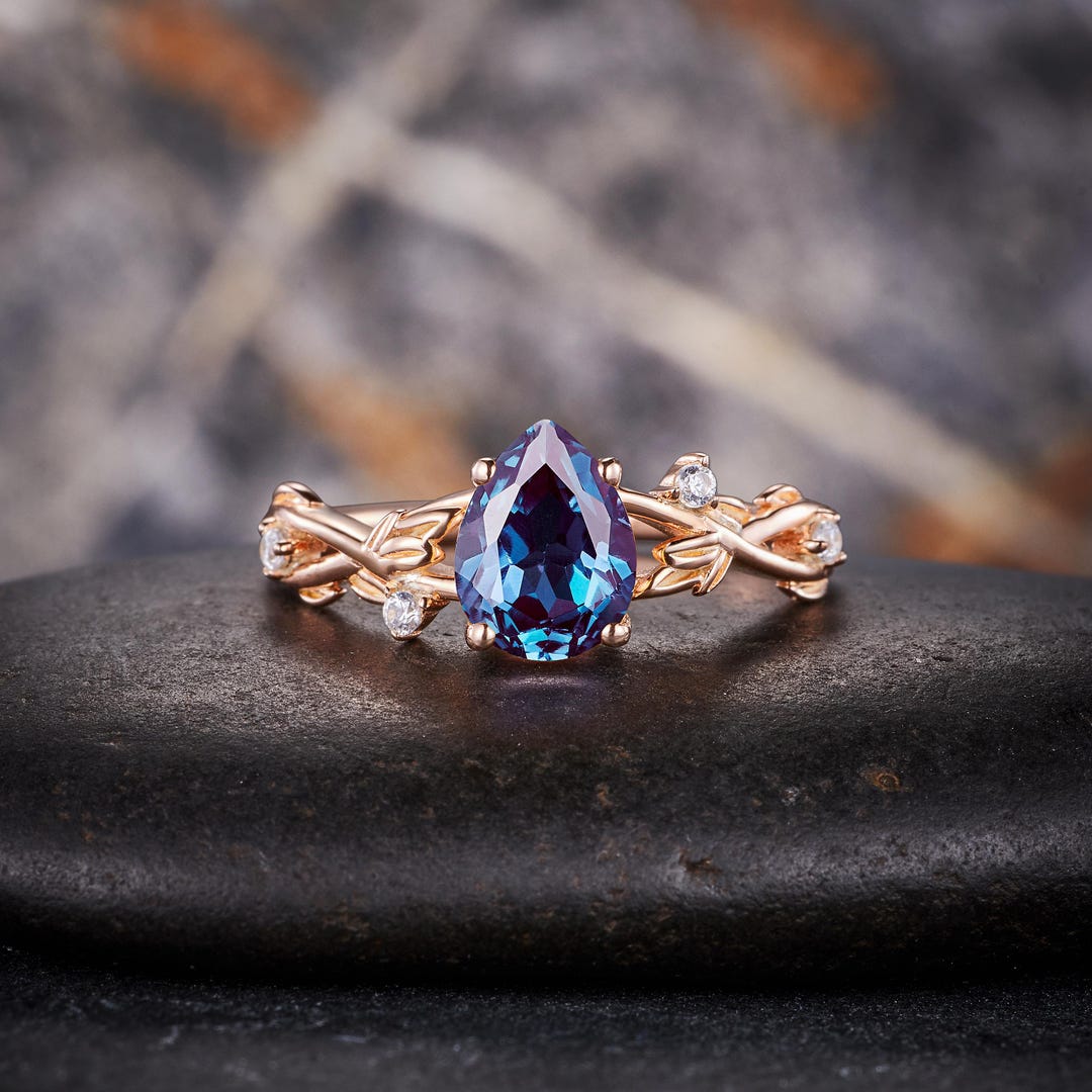 Pear Alexandrite Ring Vintage Rose Gold Leaf Branch Nature Inspired ...
