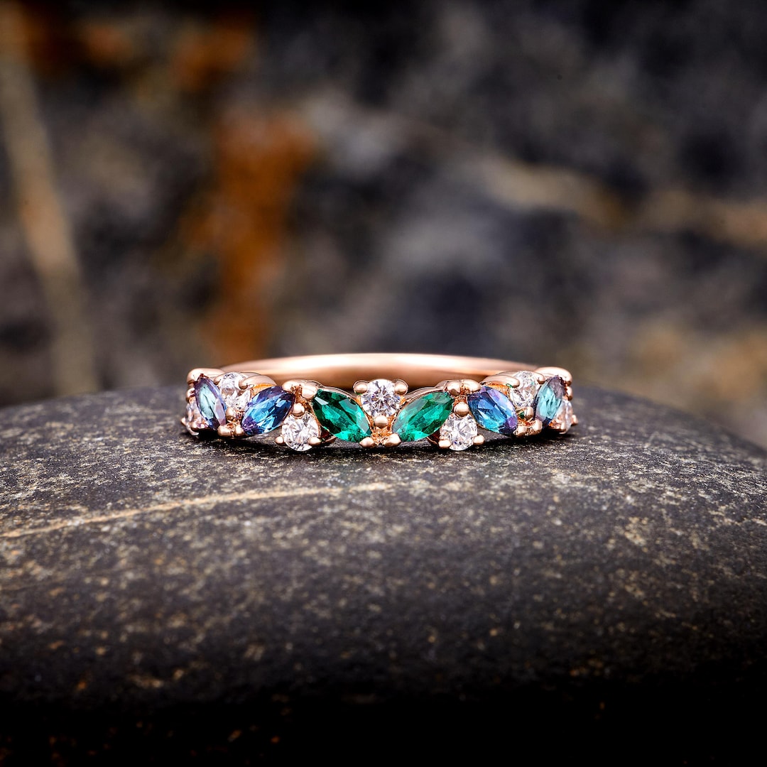 Marquise Emerald Alexandrite 14k Rose Gold Ring, Art Deco Half Eternity ...