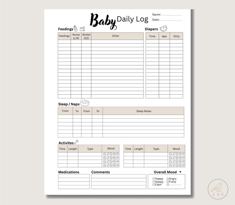 Babysitter Baby Care Daily Log Printable - Nanny & Daycare Caregiver ...
