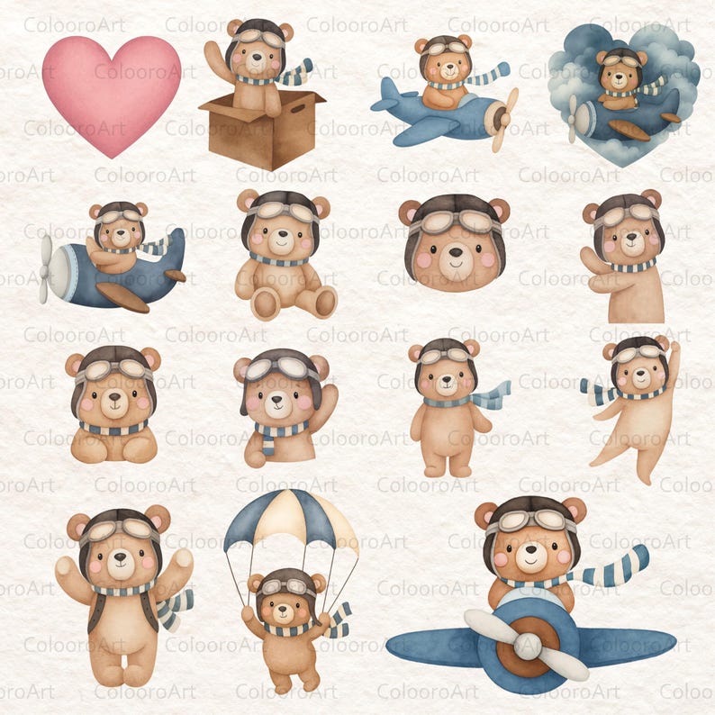 Aviator Teddy Bear Clipart, Traveler Bear, Watercolor Airplane Bear PNG ...