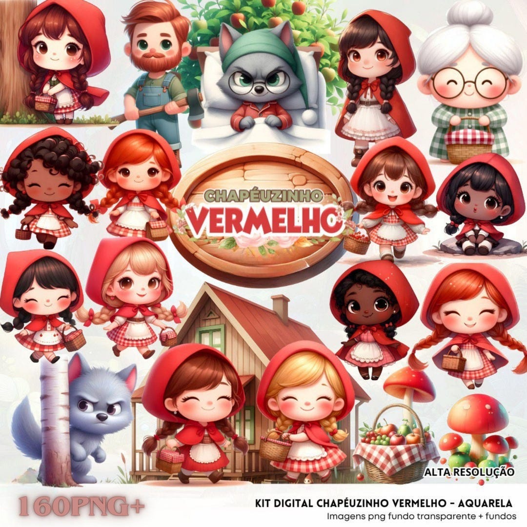 Cute Red Riding Hood Clipart Pack – 160+ Pngs Fairy Tale Elements ...