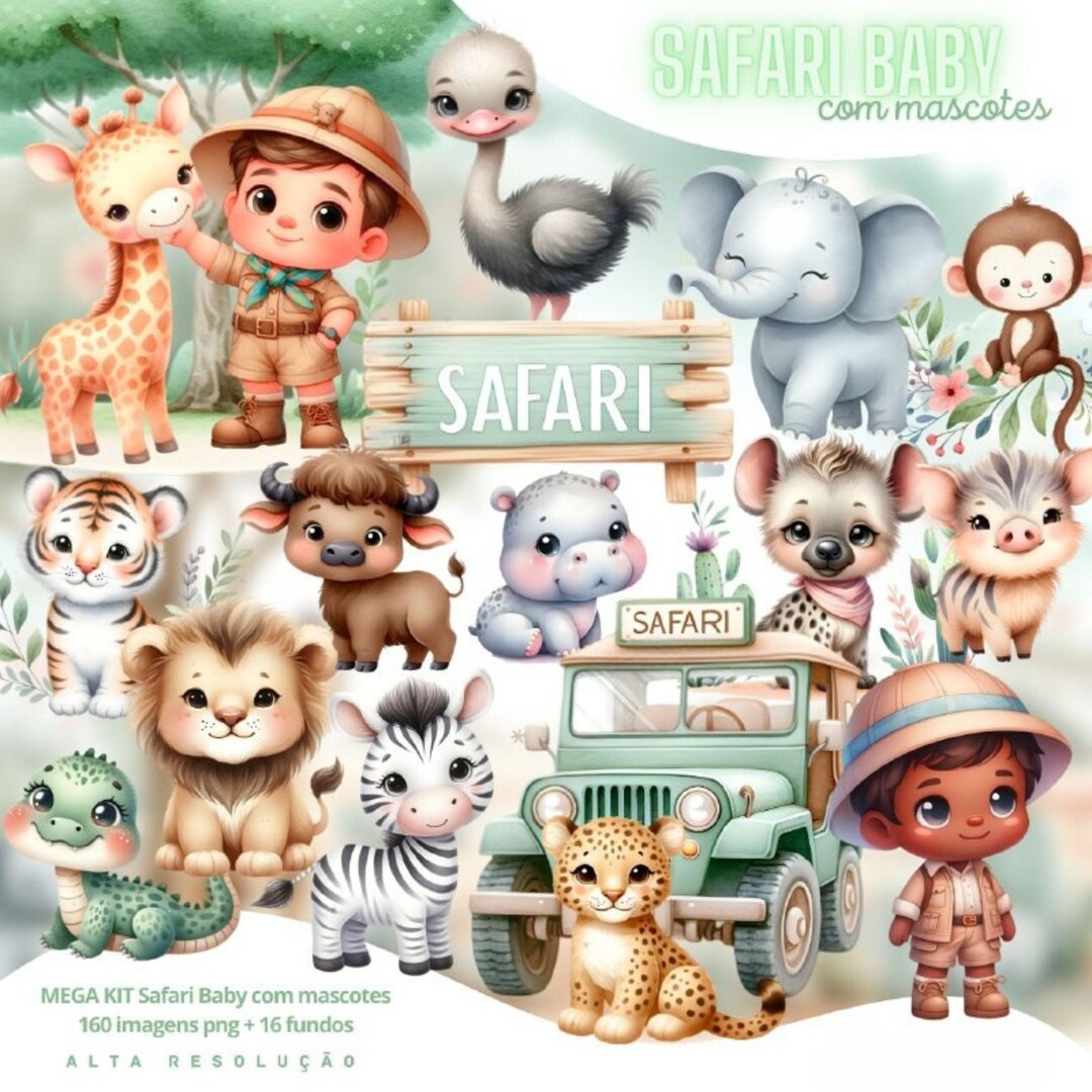 Safari Baby Watercolor Clipart Bundle — 160 PNG + 16 Backgrounds ...