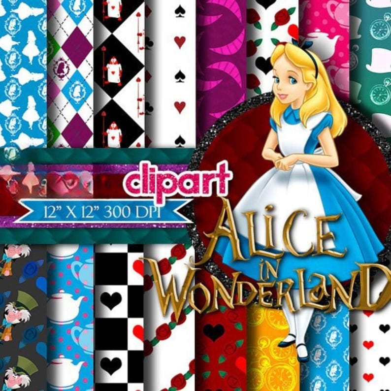 Alice in Wonderland Digital Paper & Clipart Bundle – PNG Wonderland ...