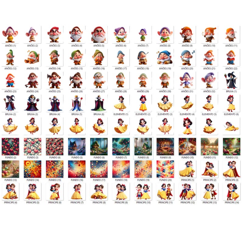 Snow White and the Seven Dwarfs Clipart Bundle, 103 PNG + 20 ...