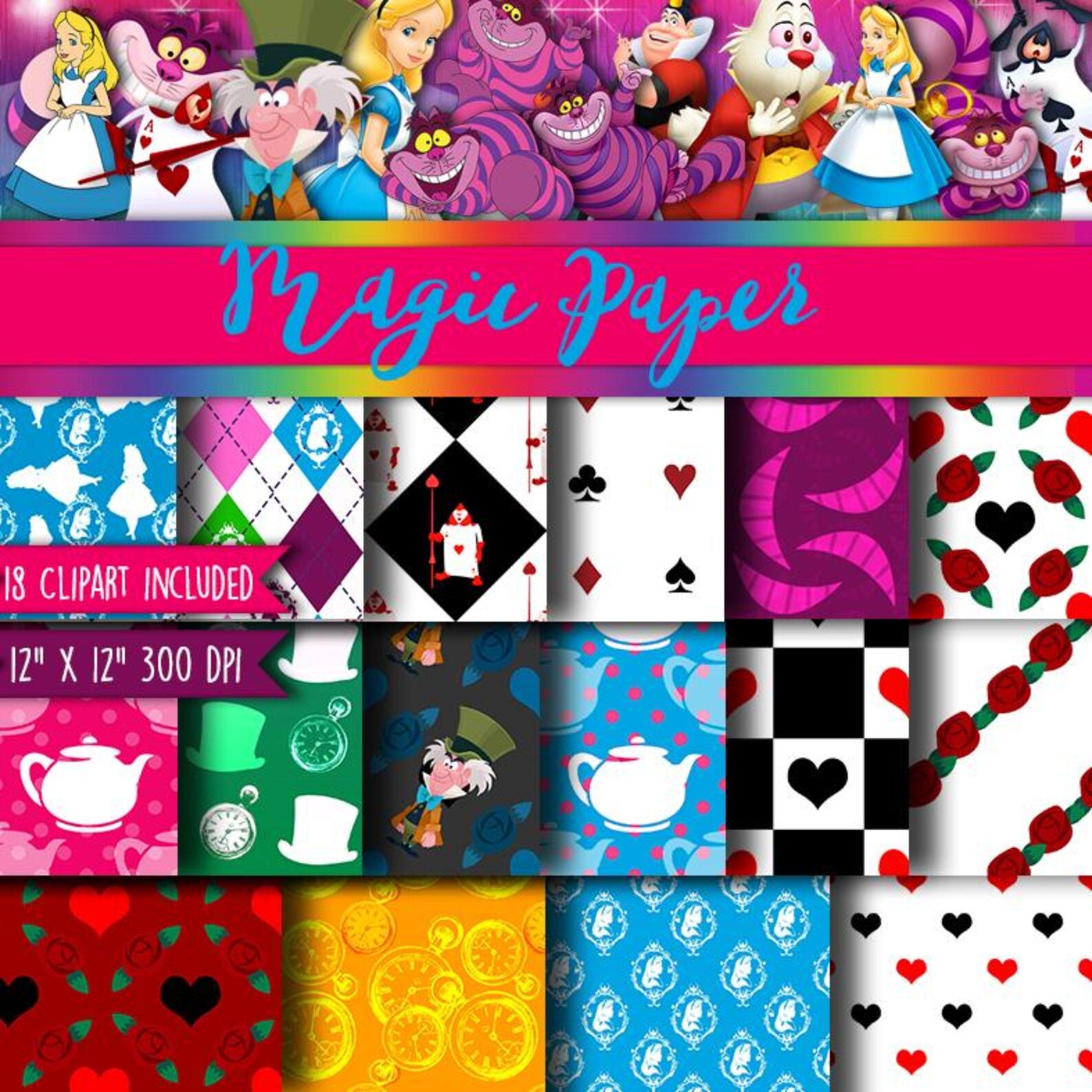 Alice in Wonderland Digital Paper & Clipart Bundle – PNG Wonderland ...