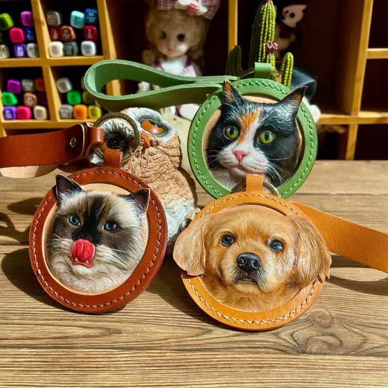 Custom Dog Leather Keychain, Handmade Cat Keyring, Pet Portrait Bag Tag ...