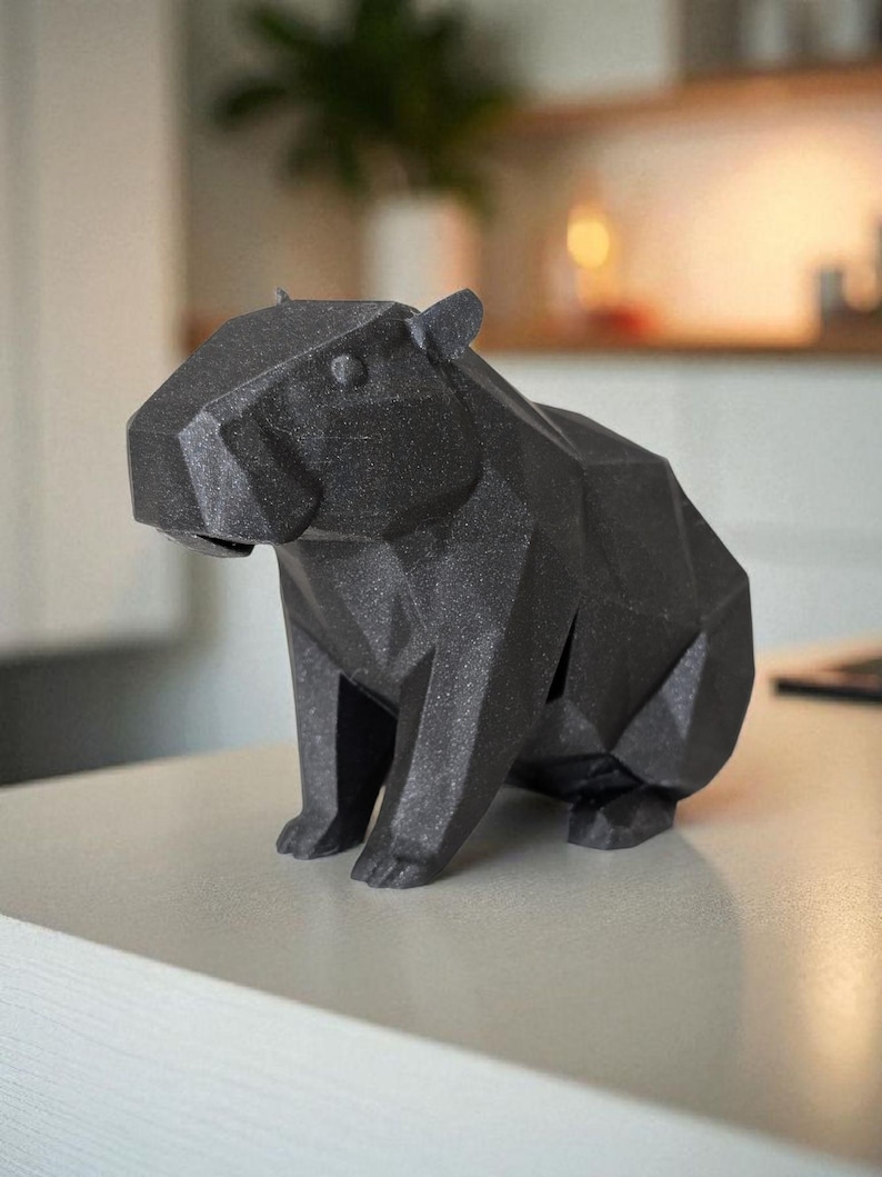 Geometric Capybara Statue, Matte Black Low Poly Animal Sculpture ...