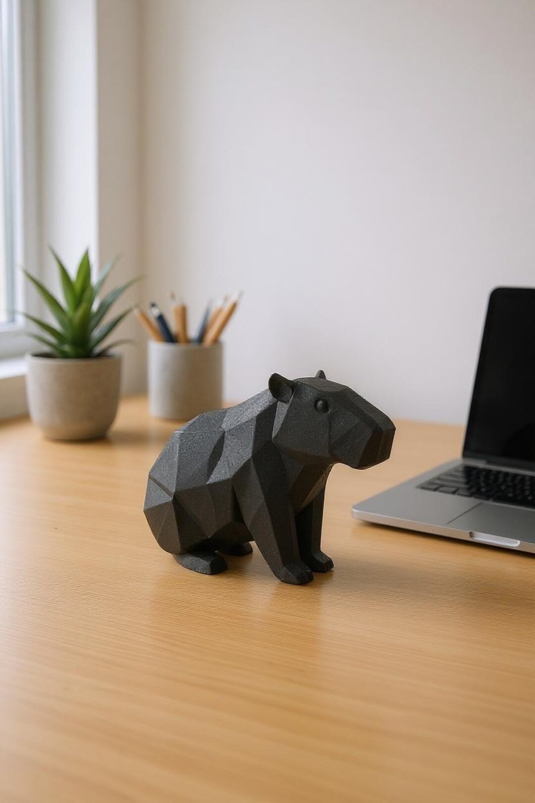 Geometric Capybara Statue, Matte Black Low Poly Animal Sculpture ...