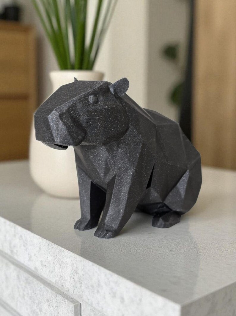 Geometric Capybara Statue, Matte Black Low Poly Animal Sculpture ...
