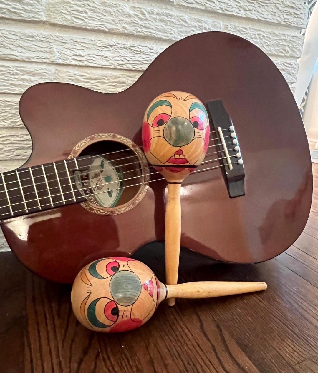 Large Hand-painted Wooden Maracas Pair – 11” Folk Art Cartoon Face ...