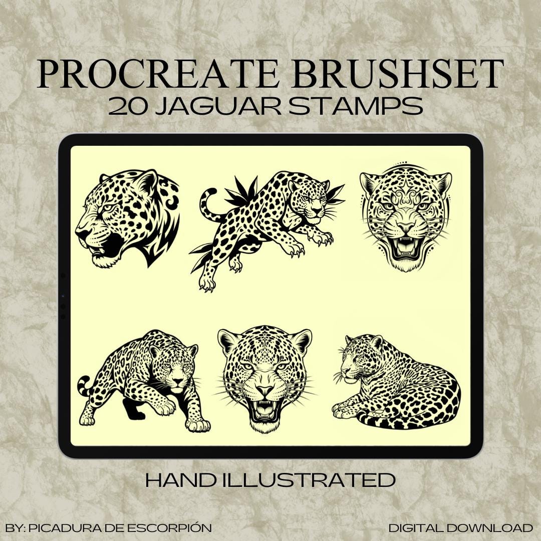 Jaguar Procreate Stamps for Tattoo Artists | 20 Jaguar Tattoo Flash ...