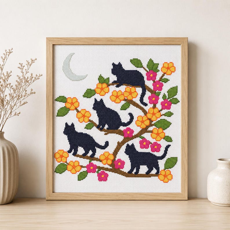 Motif floral chat noir au point de croix, tableau compté PDF, fleur de ...