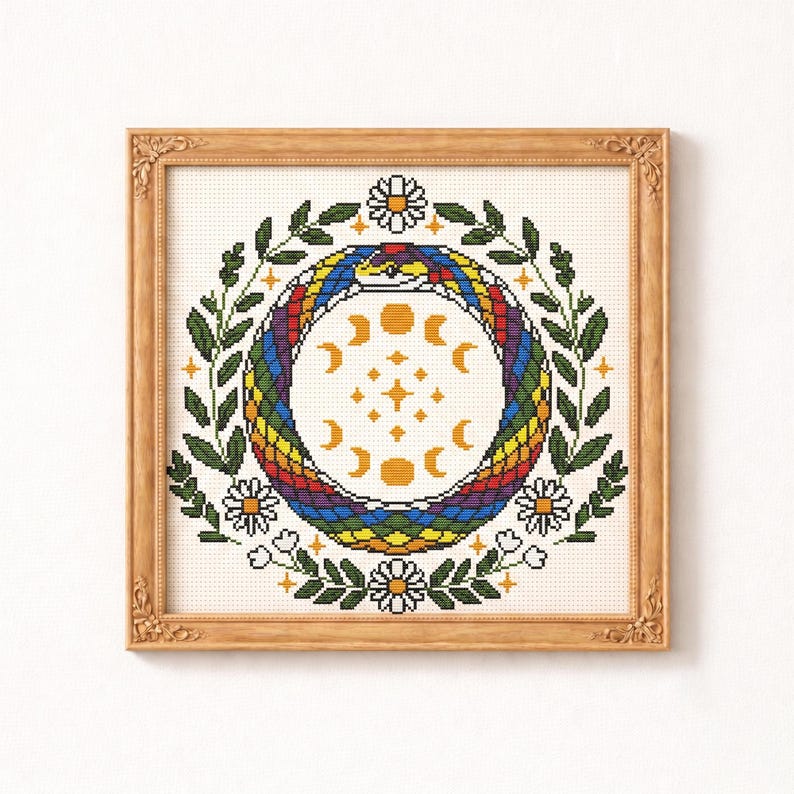 Rainbow Ouroboros Cross Stitch Pattern PDF — Celestial Snake Floral ...