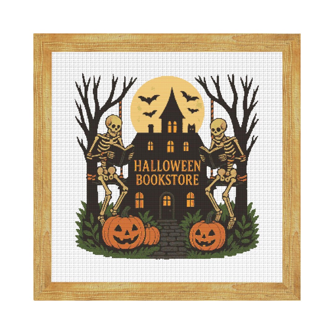 Halloween Bookstore Cross Stitch Pattern: Haunted Gothic Design ...