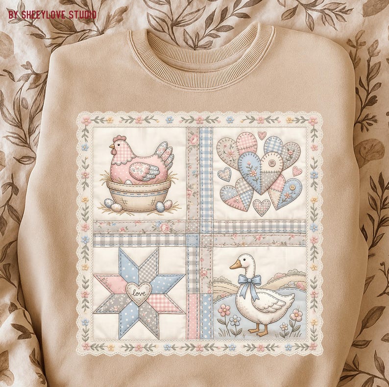 Vintage Grandma Core Quilt PNG, Cottagecore Goose & Hen Patchwork, 90s ...