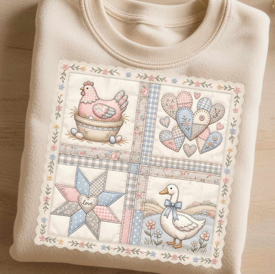 Vintage Grandma Core Quilt PNG, Cottagecore Goose & Hen Patchwork, 90s ...
