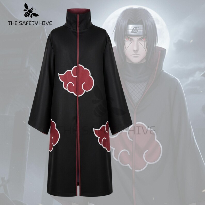 Anime Inspired Akatsuki Long Coat Black Red Cloud Cosplay Cloak ...