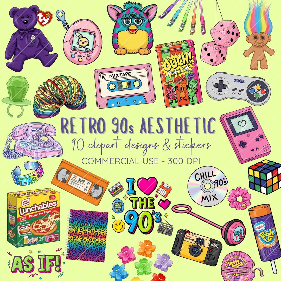 Retro 90s Clipart Bundle | 90 PNG Digital Stickers | Nostalgic 90s ...