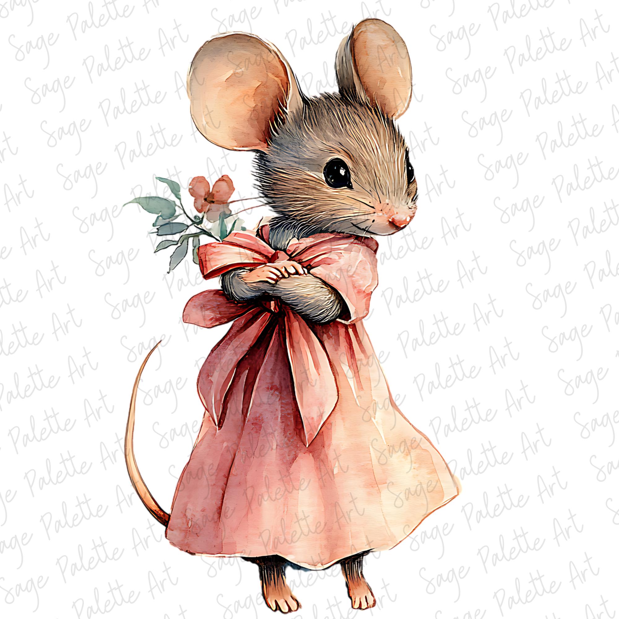 Watercolor Mouse Clipart Bundle: Pink Mice in Dresses & Pink Bows - 35 ...