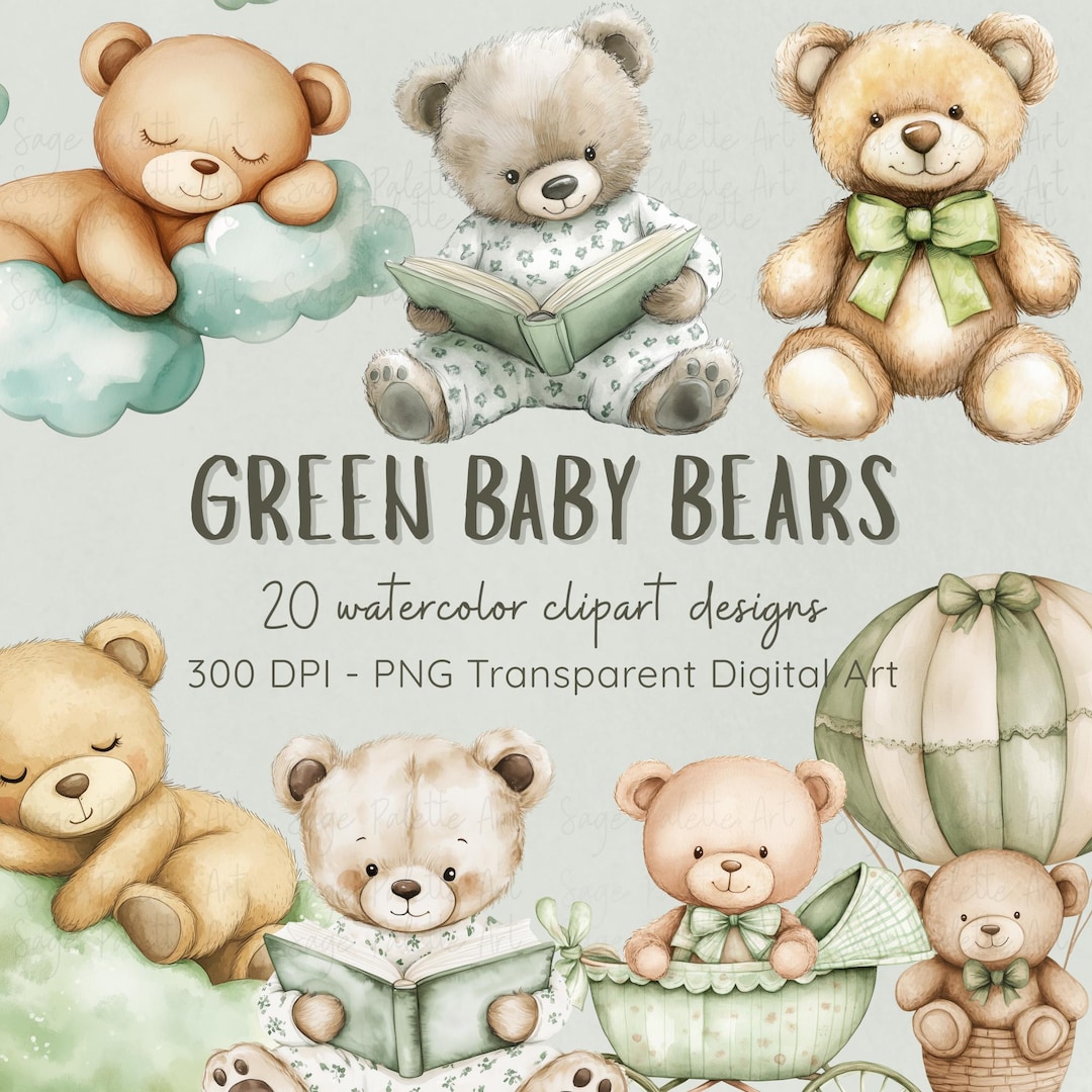 Green Baby Shower Bears | Watercolor Pngs | Nursery Clipart | 300 DPI ...