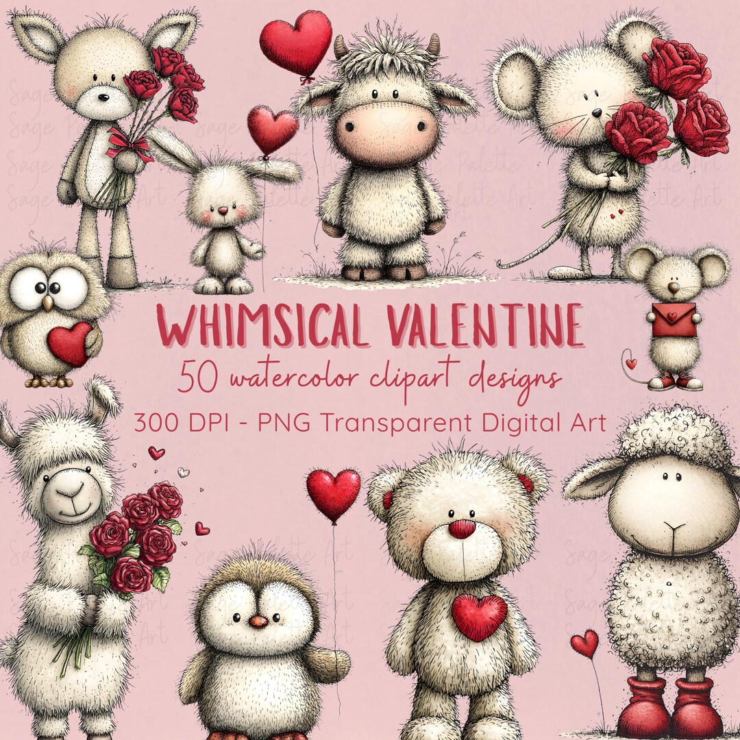 Whimsical Valentine Animal Clipart | Watercolor 300 DPI Pngs | Romantic ...