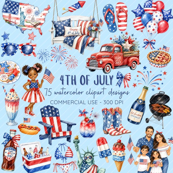 July Fourth Watercolor Clipart - Etsy