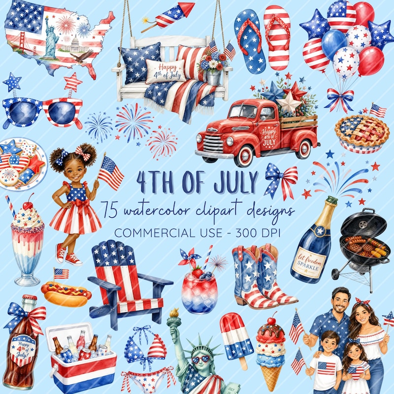 July Fourth Watercolor Clipart - Etsy