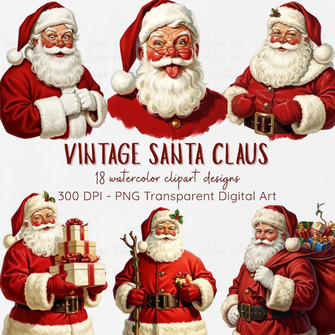 Vintage Santa Claus Clipart | Retro Watercolor Christmas Pngs (digital ...