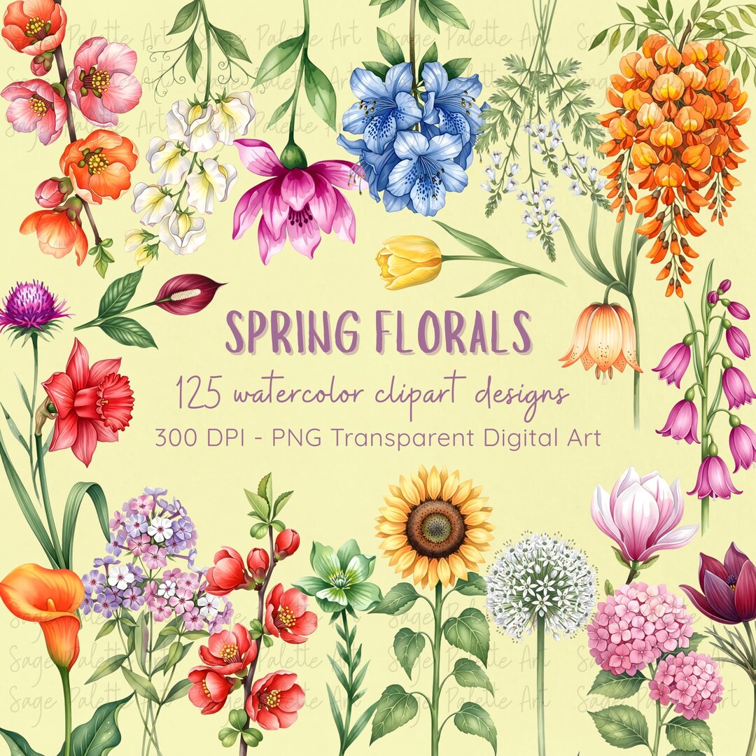 Spring Floral Clipart Bundle – 125 Watercolor Flower Pngs, Spring ...