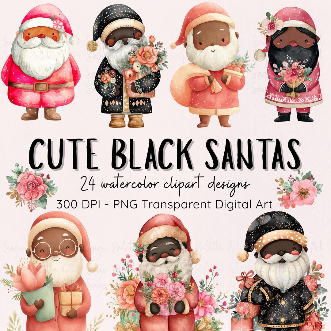 Cute Black Santas Watercolor Clipart Set | Christmas Pngs | Black/brown ...