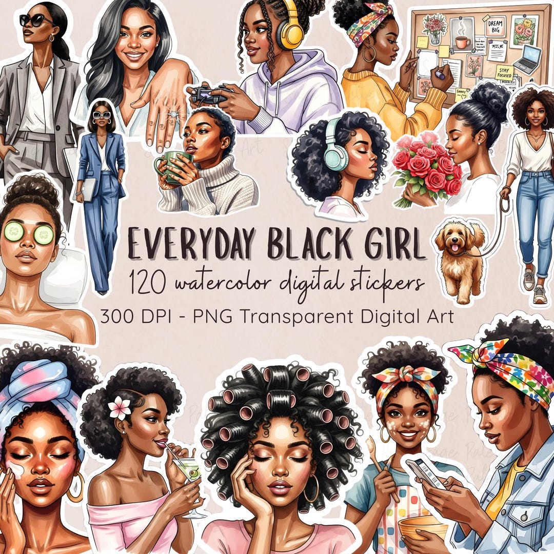 Black Women Watercolor Planner Stickers | Everyday Life PNG Clipart ...