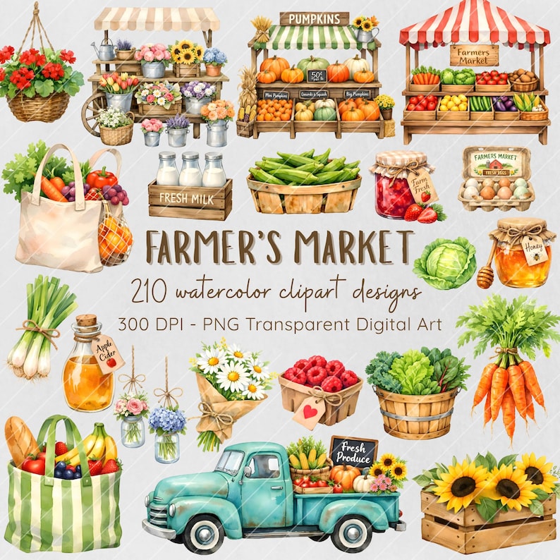 Farmers Market Clipart Bundle, Farm Fresh Produce Watercolor PNG, Food ...