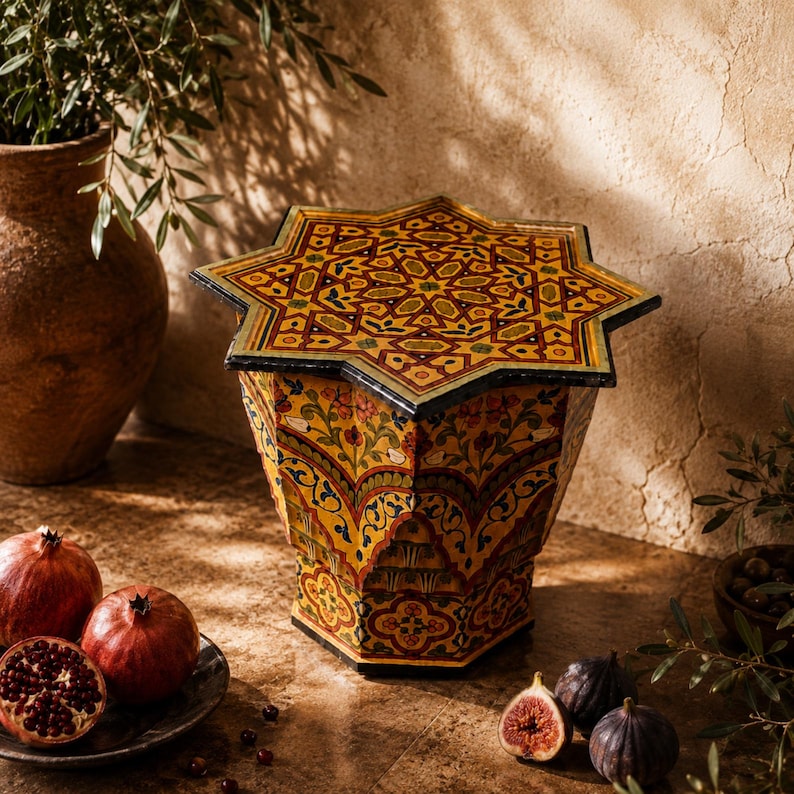 Hand Painted Yellow Moroccan Octagonal Wood Coffee Table, Geometric ...