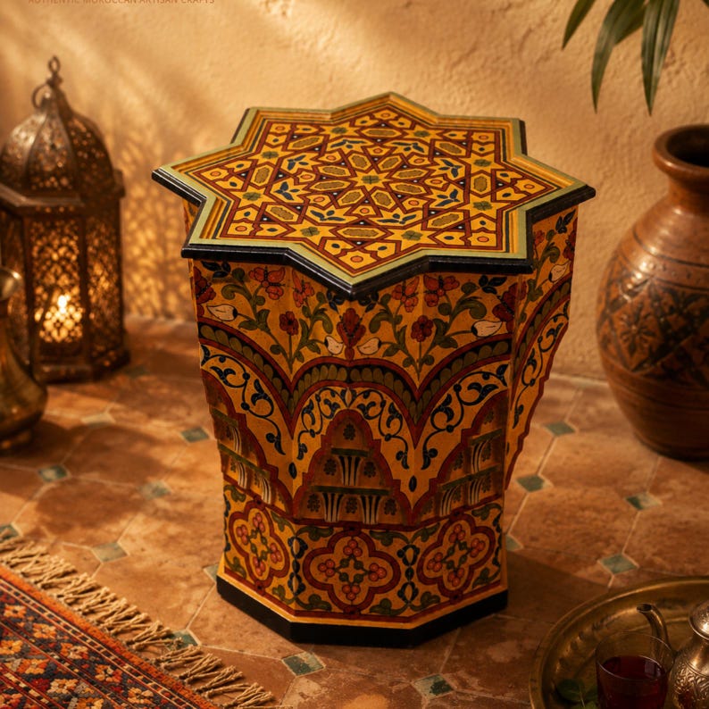 Hand Painted Yellow Moroccan Octagonal Wood Coffee Table, Geometric ...