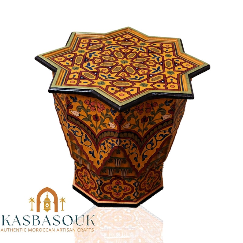 Hand Painted Yellow Moroccan Octagonal Wood Coffee Table, Geometric ...