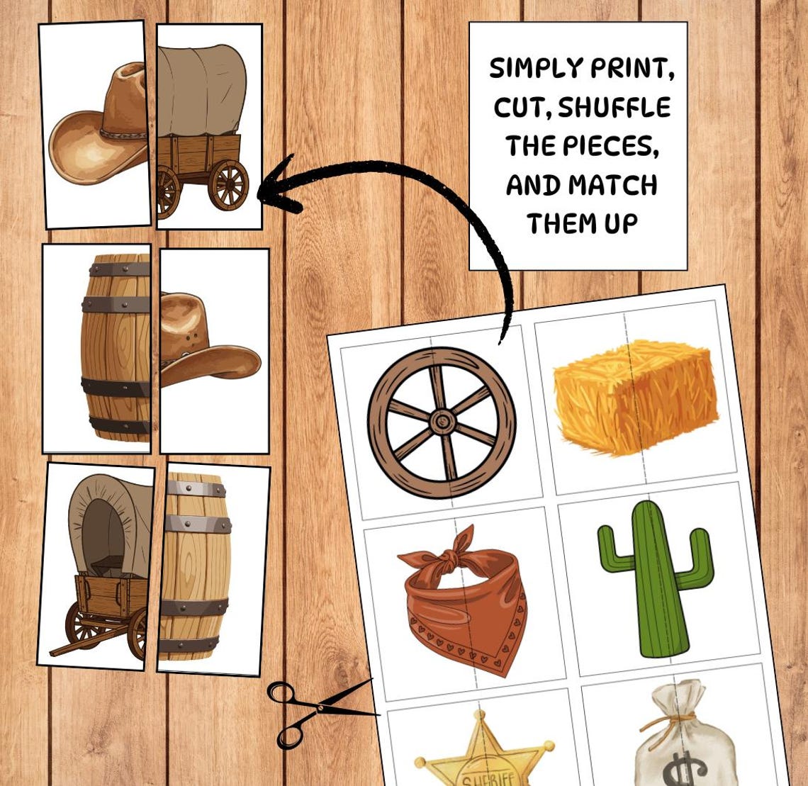 Cowboy Matching Game – Wild West Symmetry Puzzle Printable Activity for ...