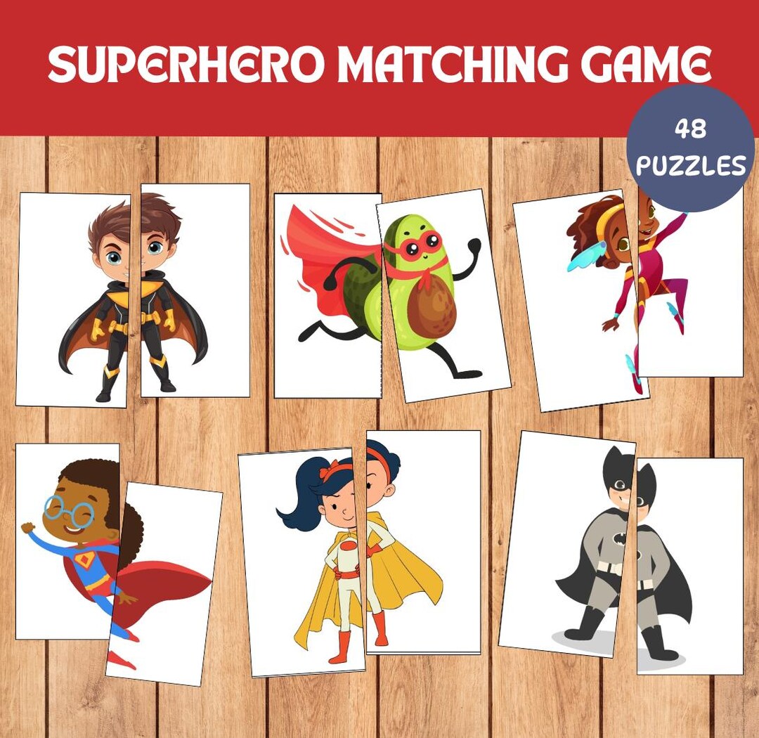 Superhero Matching Game: Symmetry Puzzle, Montessori Flashcards (PDF ...