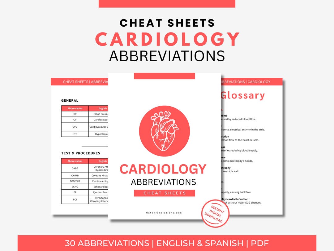 Cardiology Abbreviations Cheat Sheet, Medical Reference (printable PDF ...