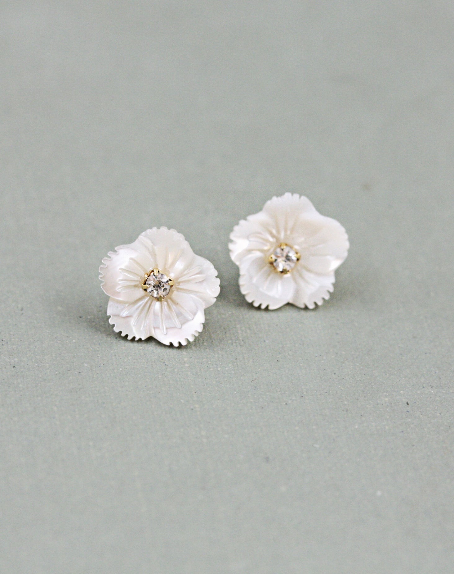 Hand Carved Mother of Pearl Delicate Flower and Rhinestone Stud ...