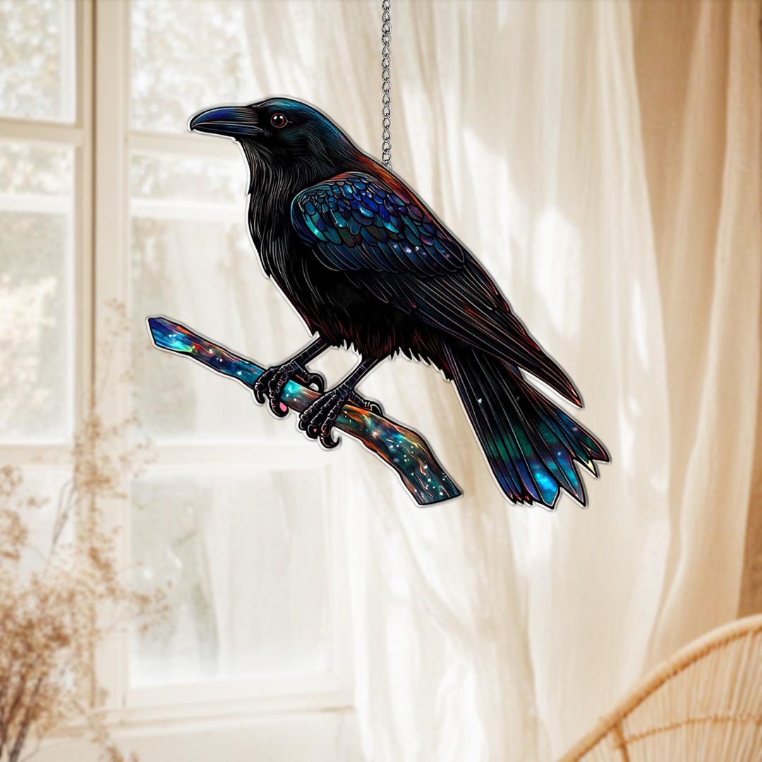 Acrylic Suncatcher Raven Window Hanging Decoration, Gothic Crow Galaxy ...