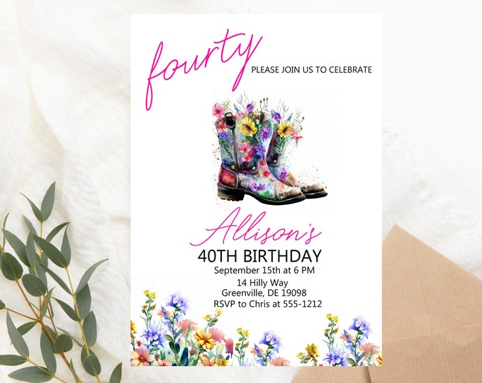 Plantilla de invitación de cumpleaños floral rústica bohemia con botas ...