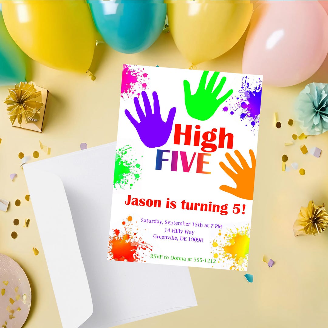 Editable High Five 5th Birthday Invitation – Hi Five Party Theme ...