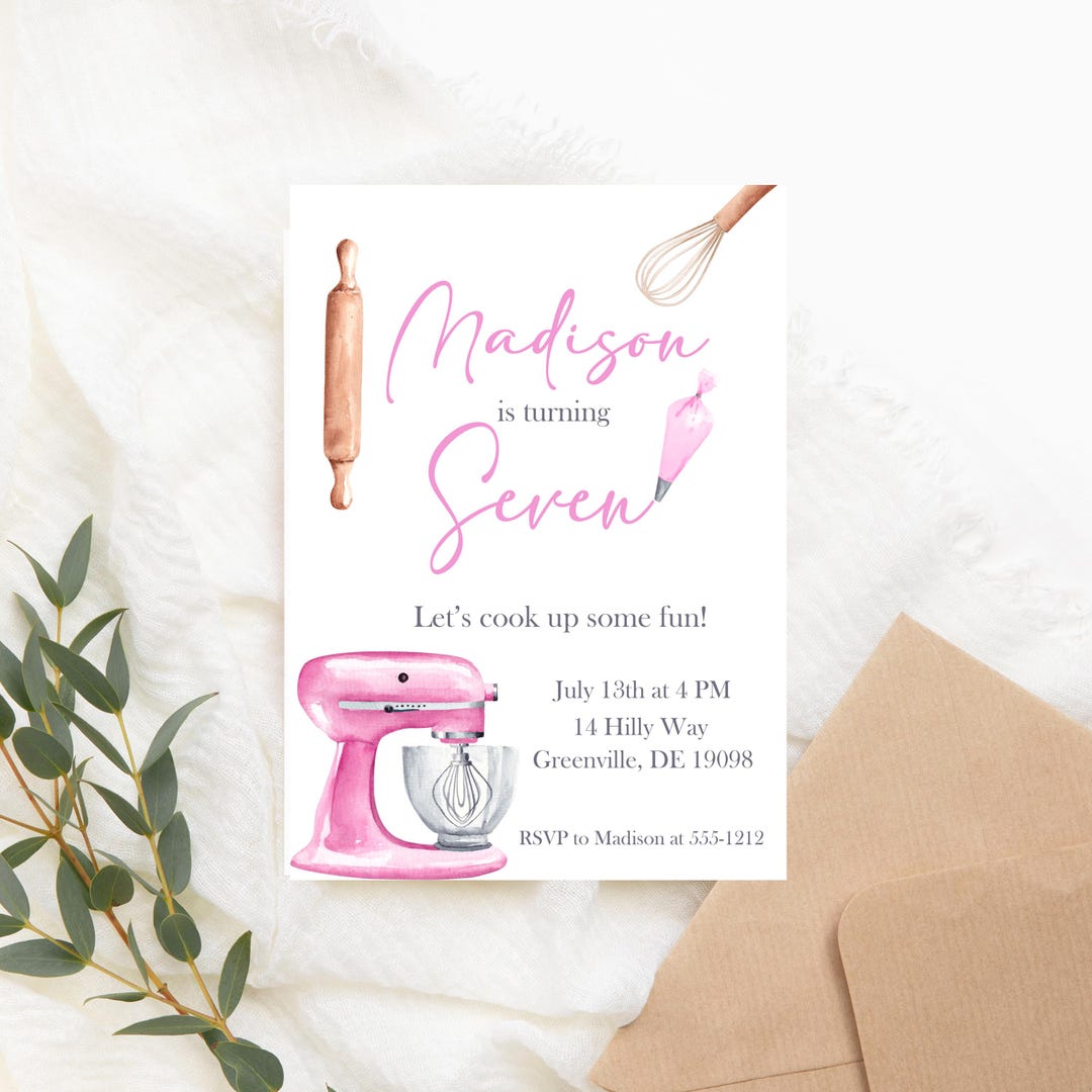 Pink Baking Birthday Invitation for Girls, Watercolor Bake Party Invite ...