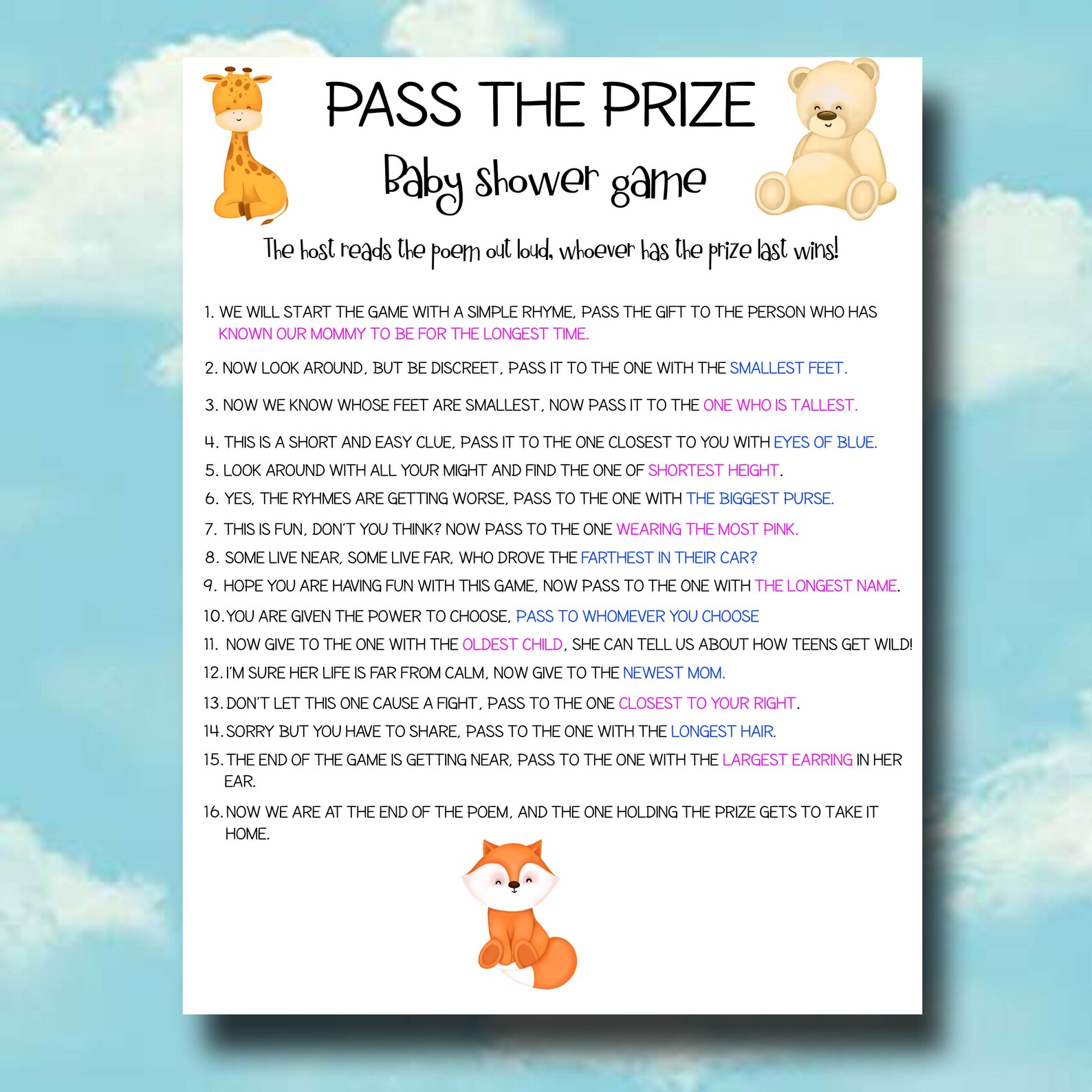 Pass the Prize PRINTABLE Baby Shower Game - Baby Animals Rhyme Game ...